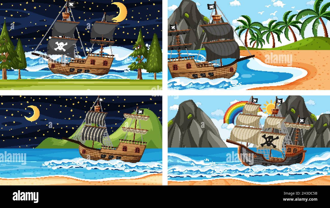 Set of different beach scenes with pirate ship illustration Stock ...