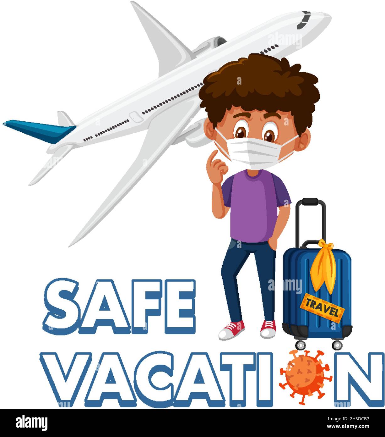 Safe Vacation logo with tourist boy wears mask ready to travel during ...