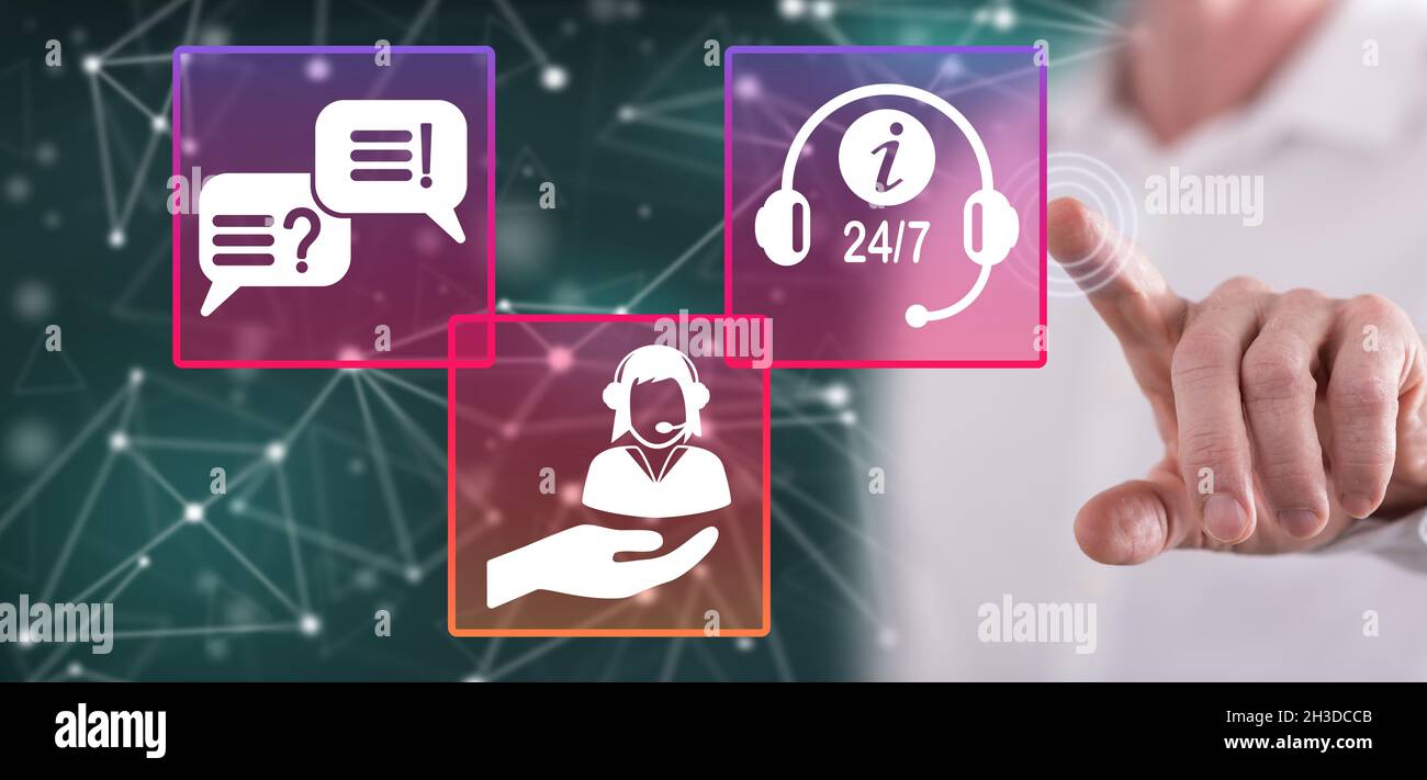 Man touching a customer service concept on a touch screen with his ...