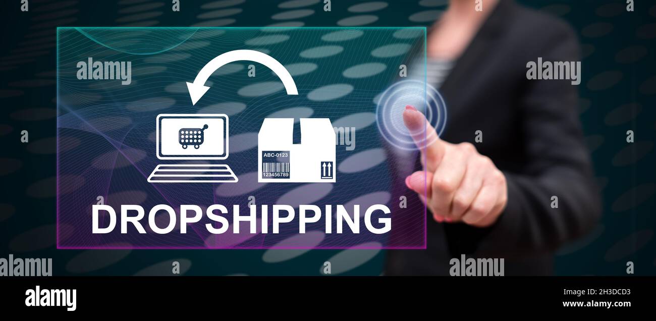 Woman touching a dropshipping concept on a touch screen with her finger ...