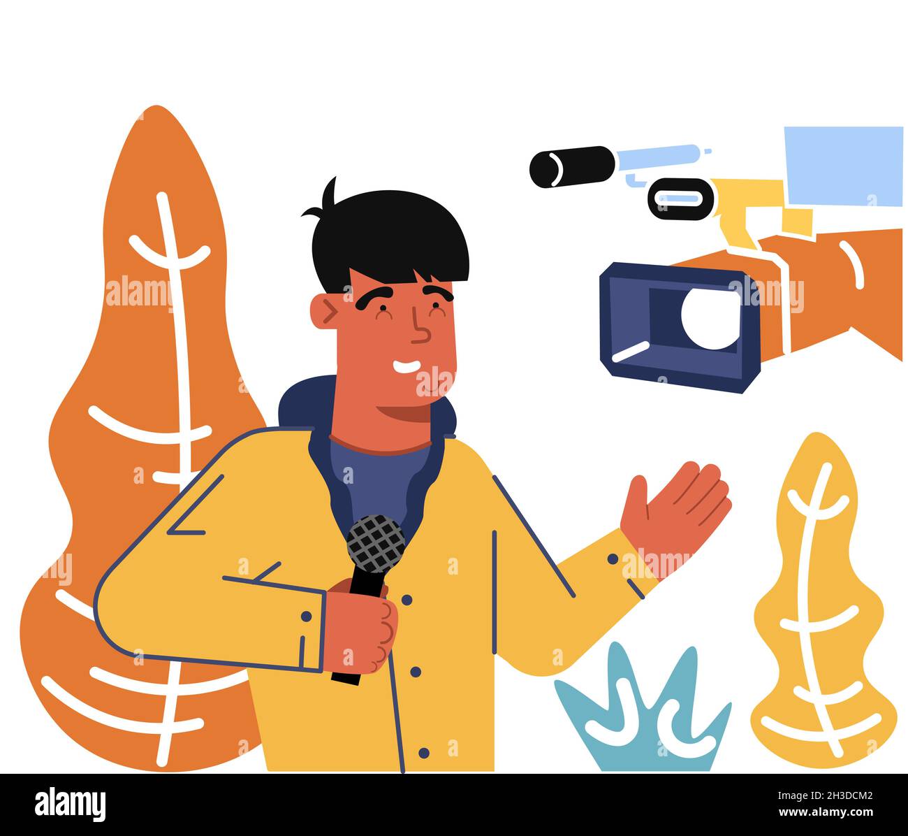 Vector illustration. Young attractive reporter at work. Camera ...