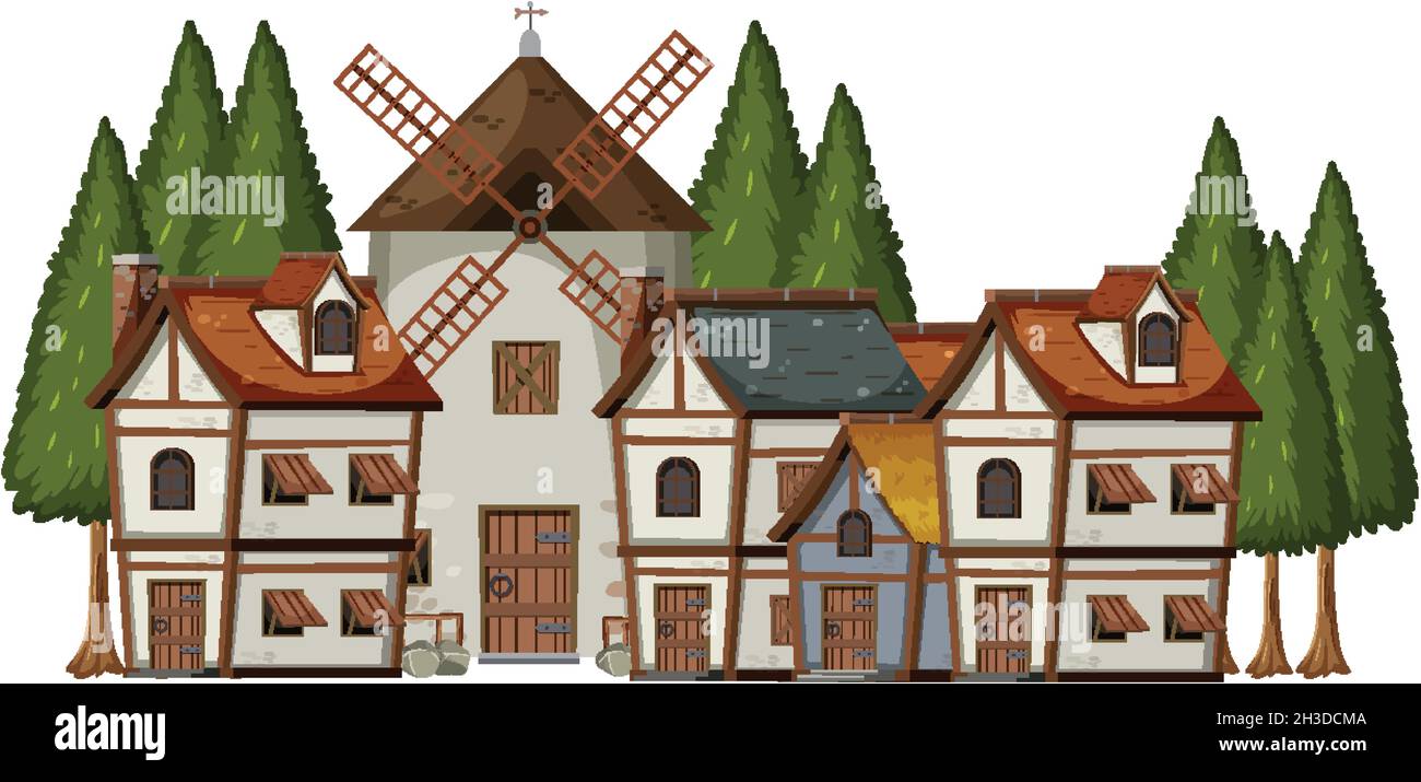 Medieval village scene on white background illustration Stock Vector ...