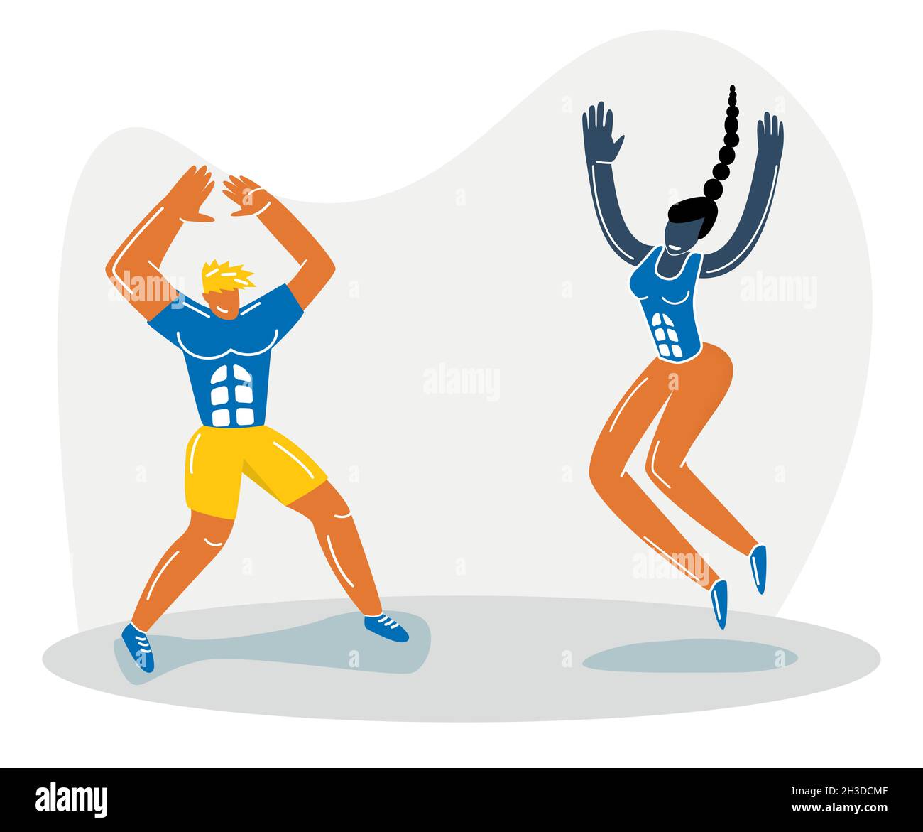 Vector illustration. A guy and a girl with an athletic body are jumping ...