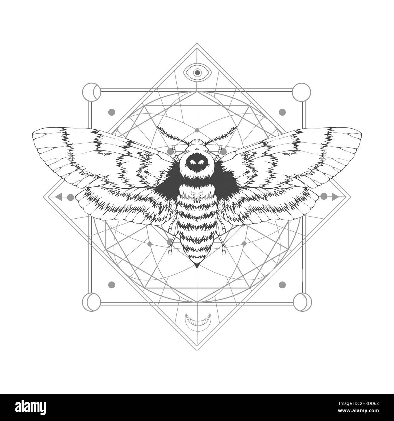 Vector illustration with hand drawn dead head moth and Sacred geometric ...