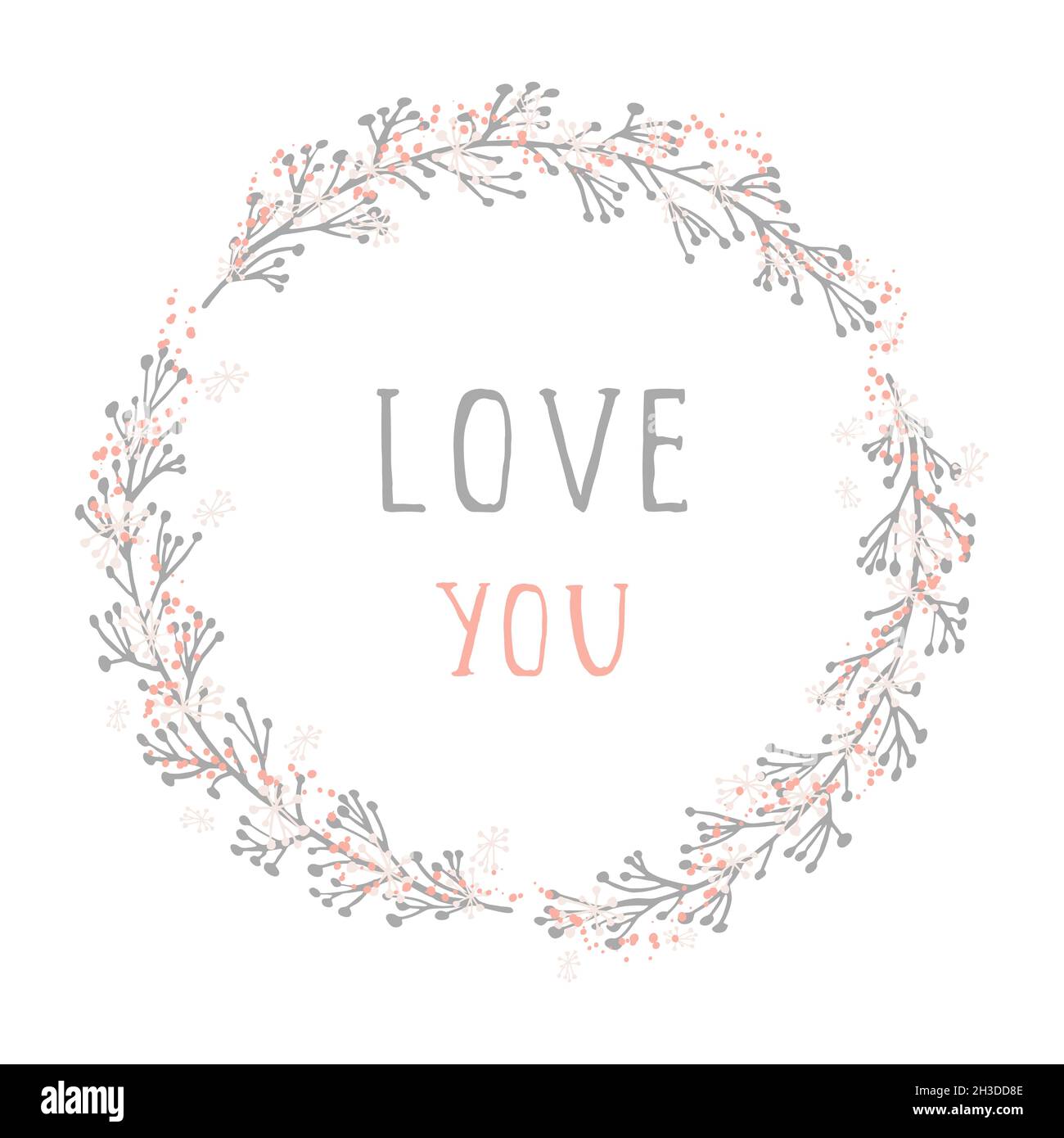 Vector hand drawn illustration of text IN LOVE and floral round frame ...