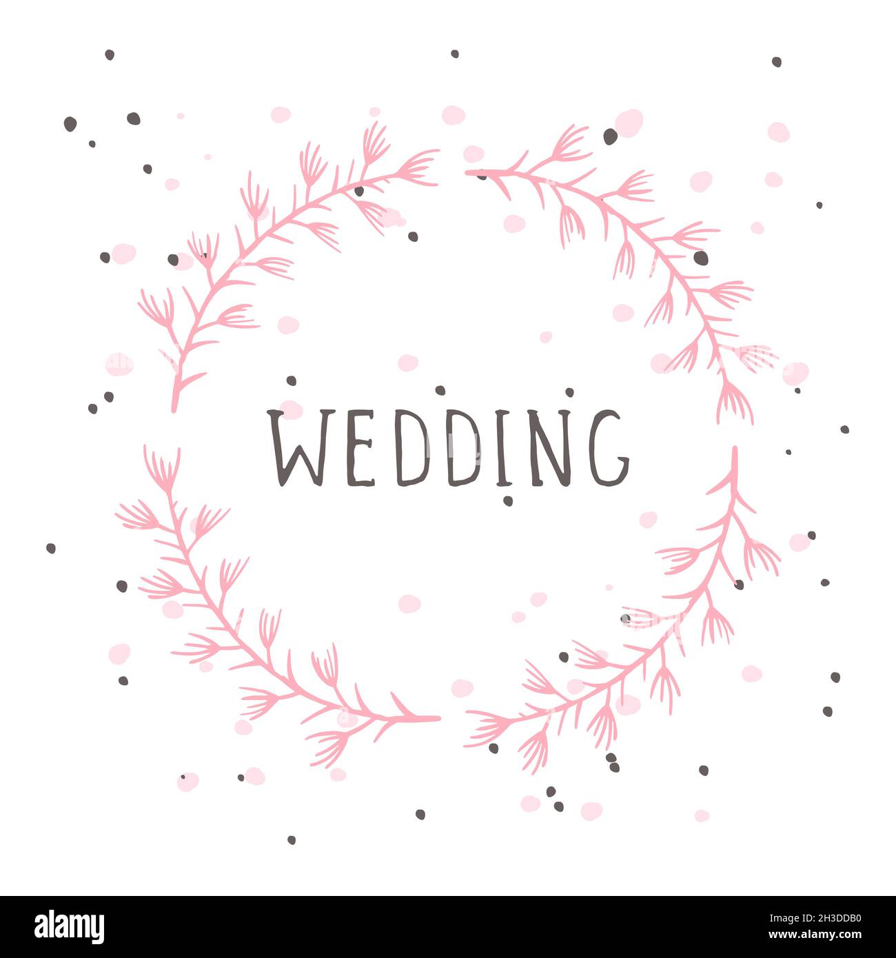 Vector hand drawn illustration of text WEDDING and floral round frame ...