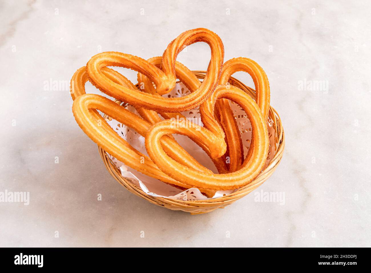 Heart-shaped churros ration basket for breakfast in a Madrid restaurant ...