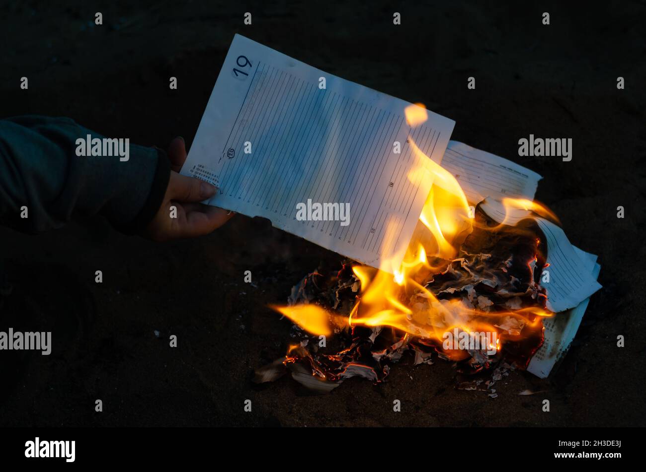 A woman throws the pages of a business diary into a fire. Burning pages ...