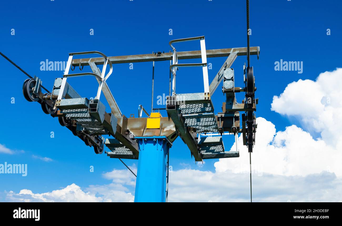 Pillar column support of the funicular over the mountains, cable car on ...
