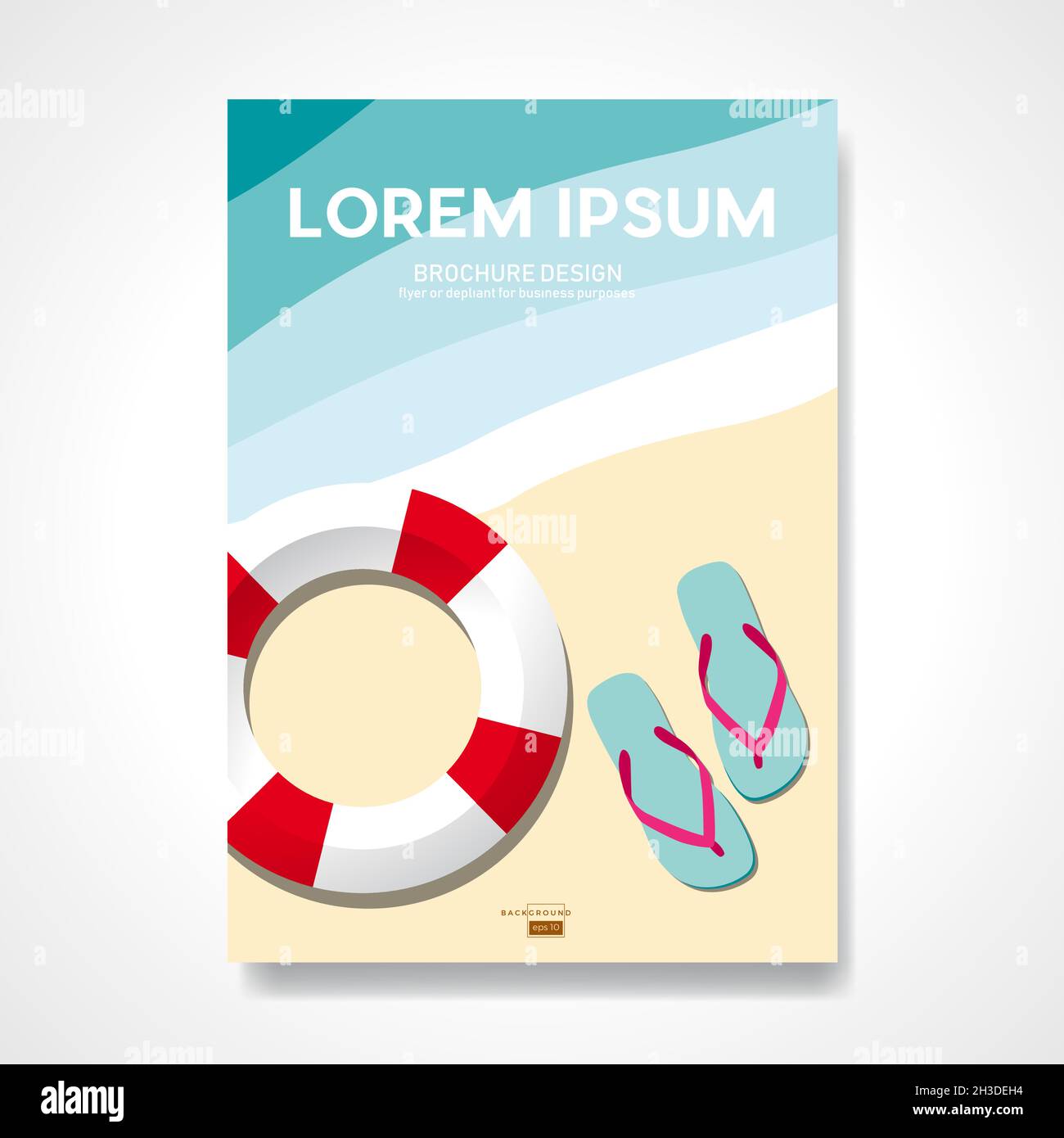 Flip flops and lifebelt on the beach. Retro vector summer background ...