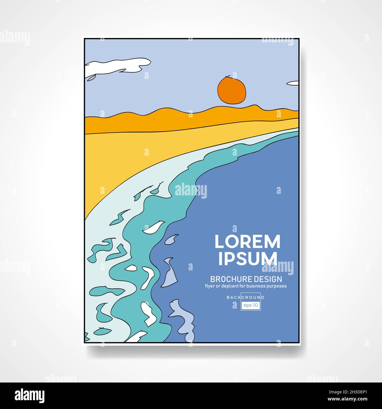 Marine landscape in retro style with pen line. Vector background and ...