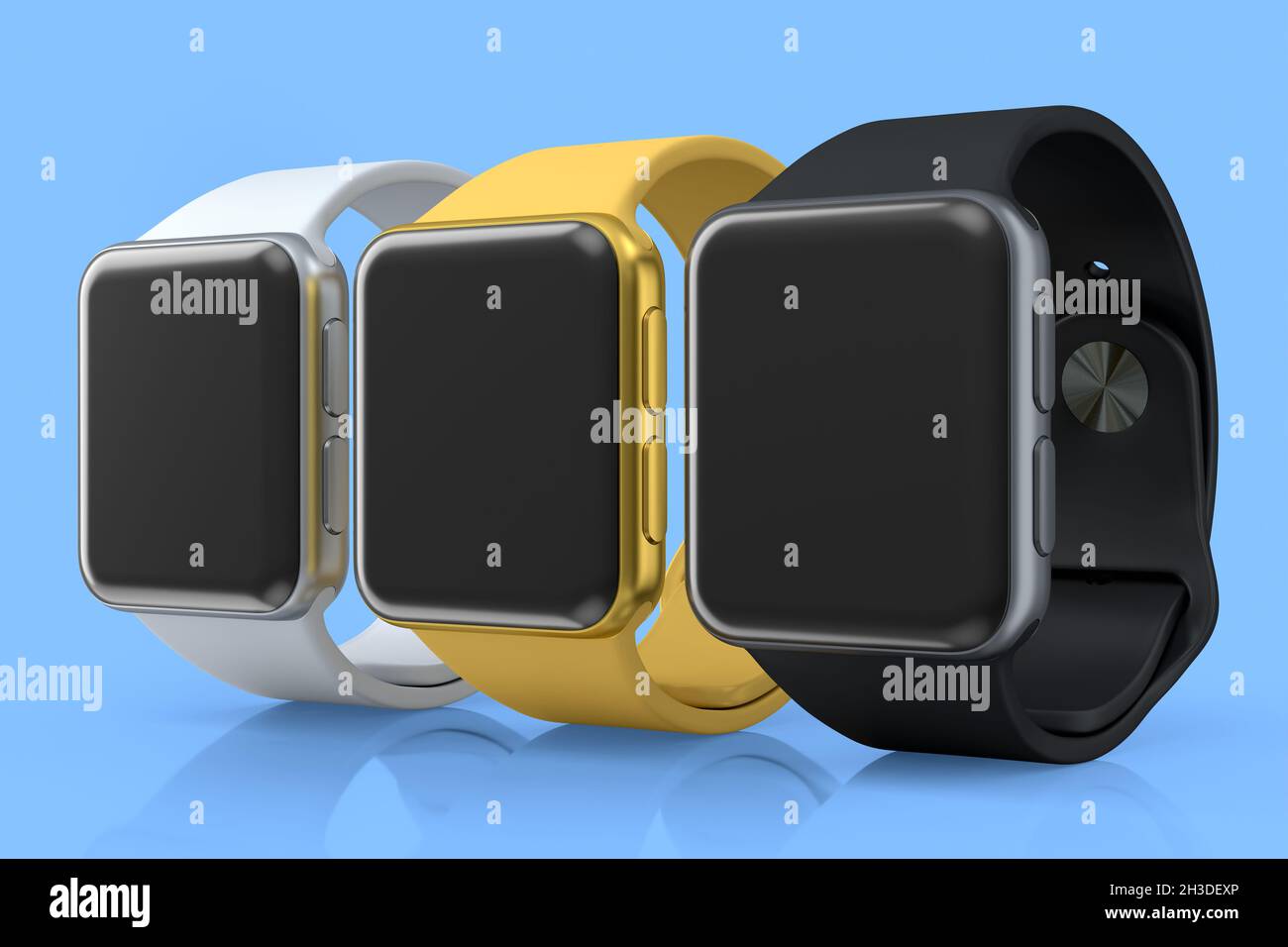 Set of gold smart watches with leather strap isolated on blue ...