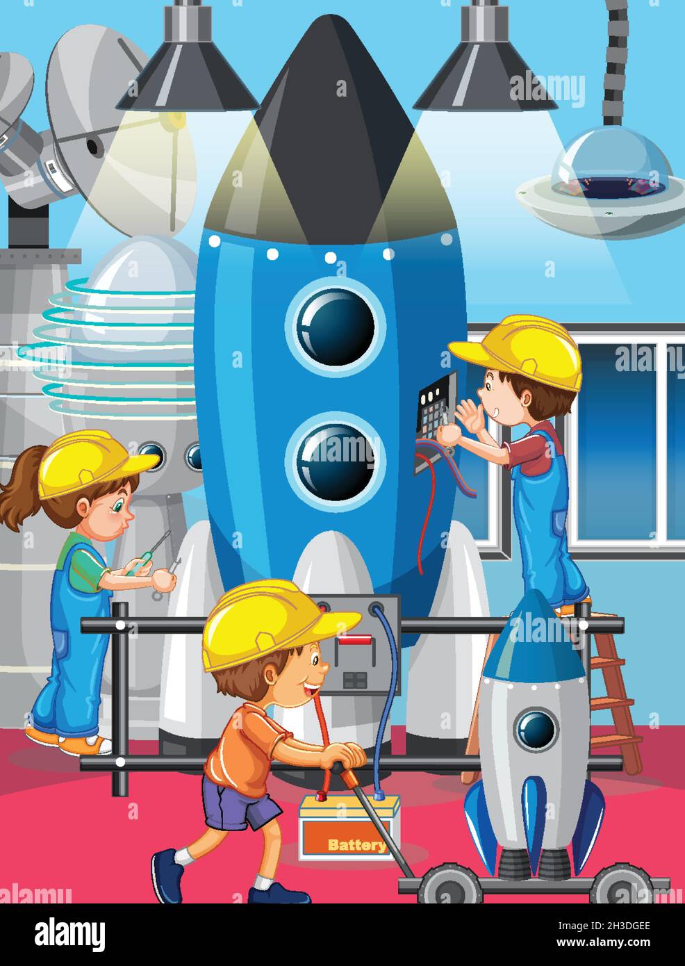 Scene with children repairing rocket together illustration Stock Vector ...