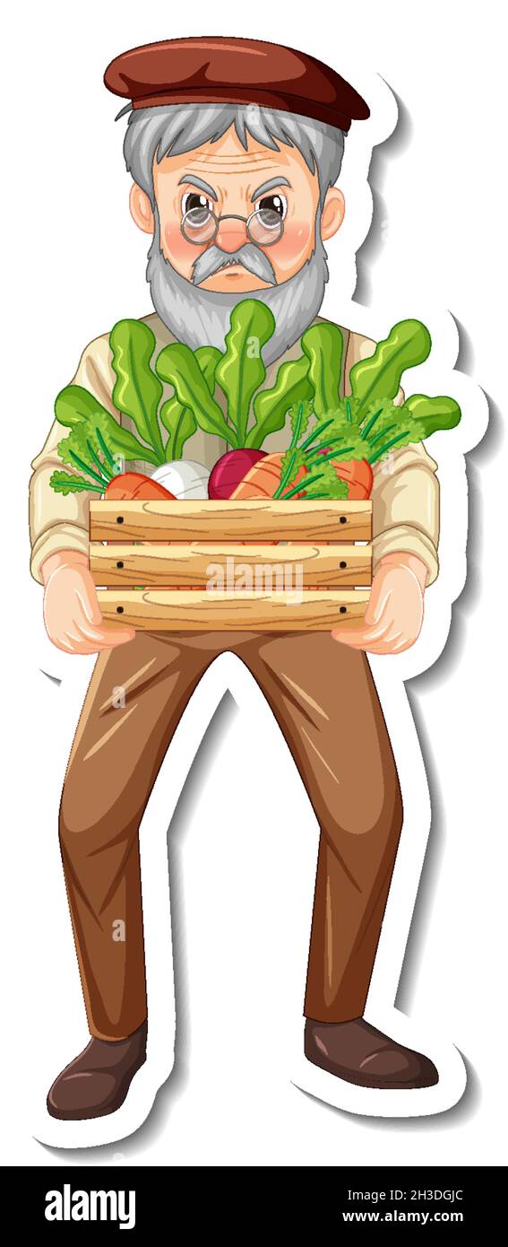Sticker template with a gardener old man holds vegetable box isolated ...