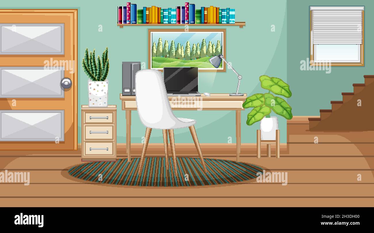 Workroom scene with a laptop on the table illustration Stock Vector ...