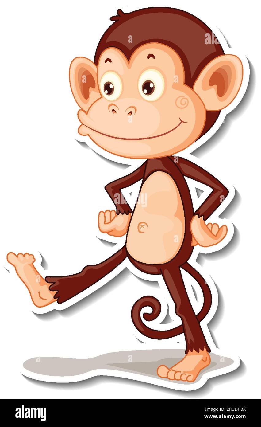 Funny monkey walking cartoon character sticker illustration Stock ...