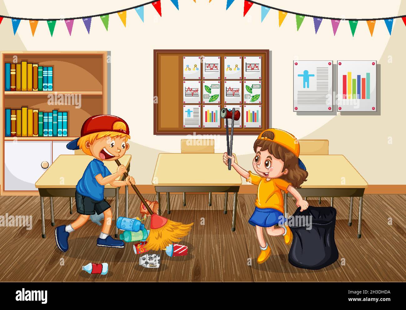 Scene with students cleaning classroom together illustration Stock ...