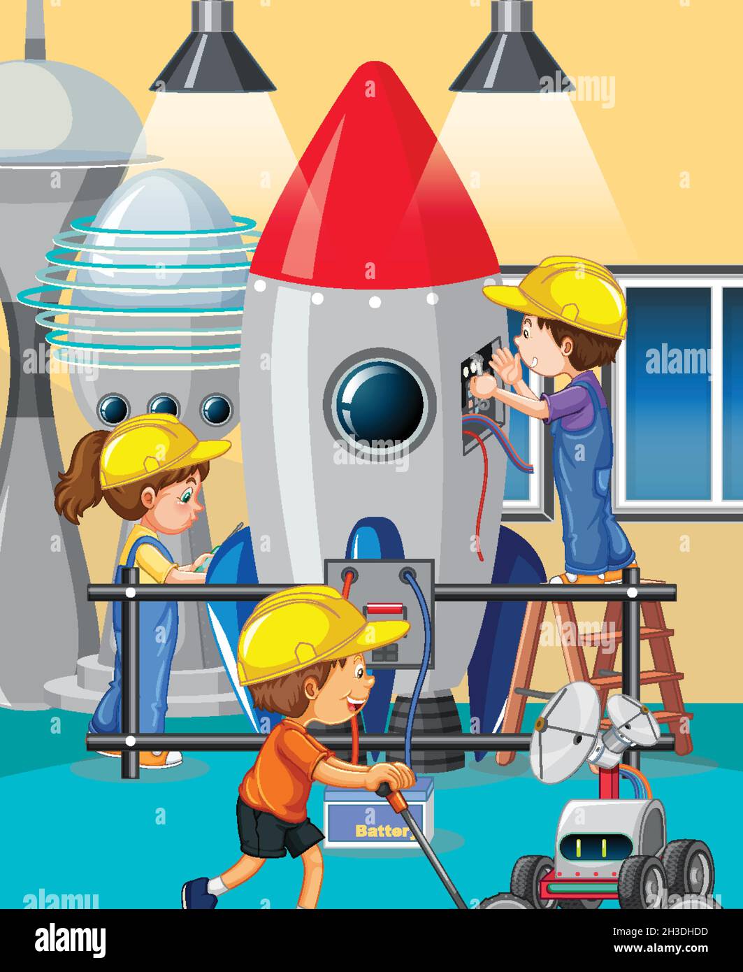 Scene with children repairing rocket together illustration Stock Vector ...