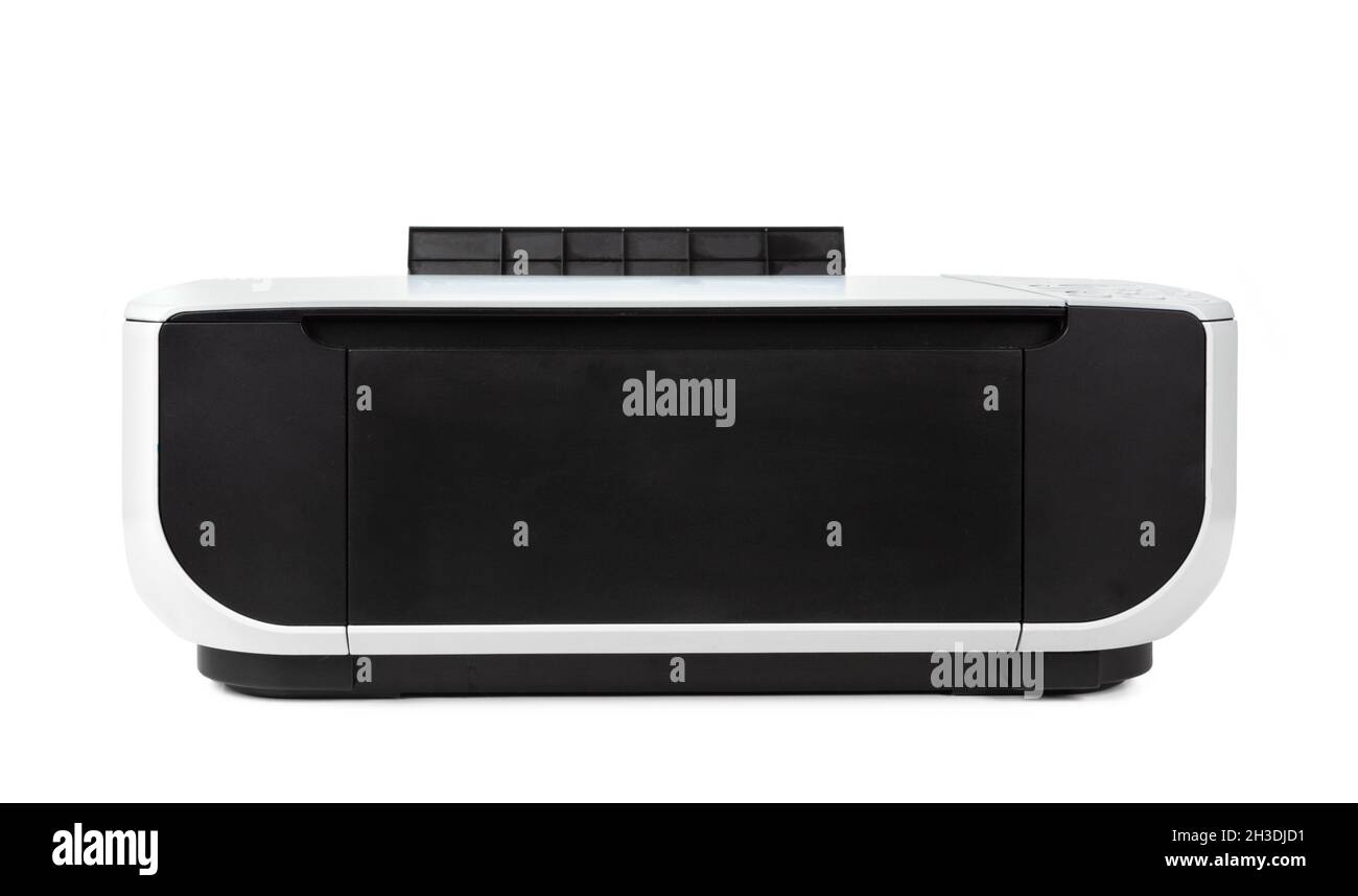 Black multi function printer isolated against a white background Stock Photo - Alamy