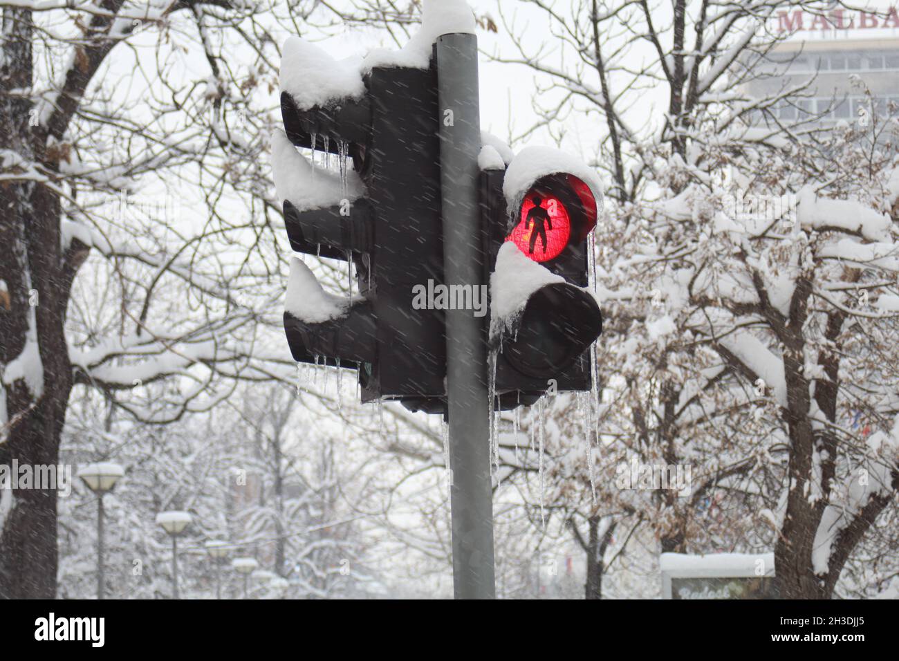 traffic light in winter under the snow in city downtown Stock Photo - Alamy