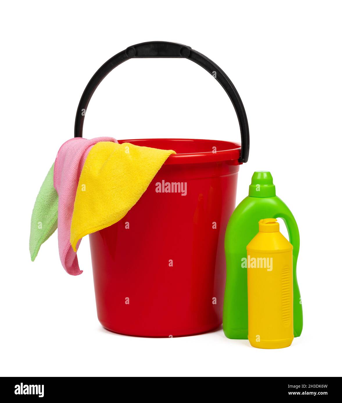 Cleaning tools and a red bucket isolated on white background Stock ...