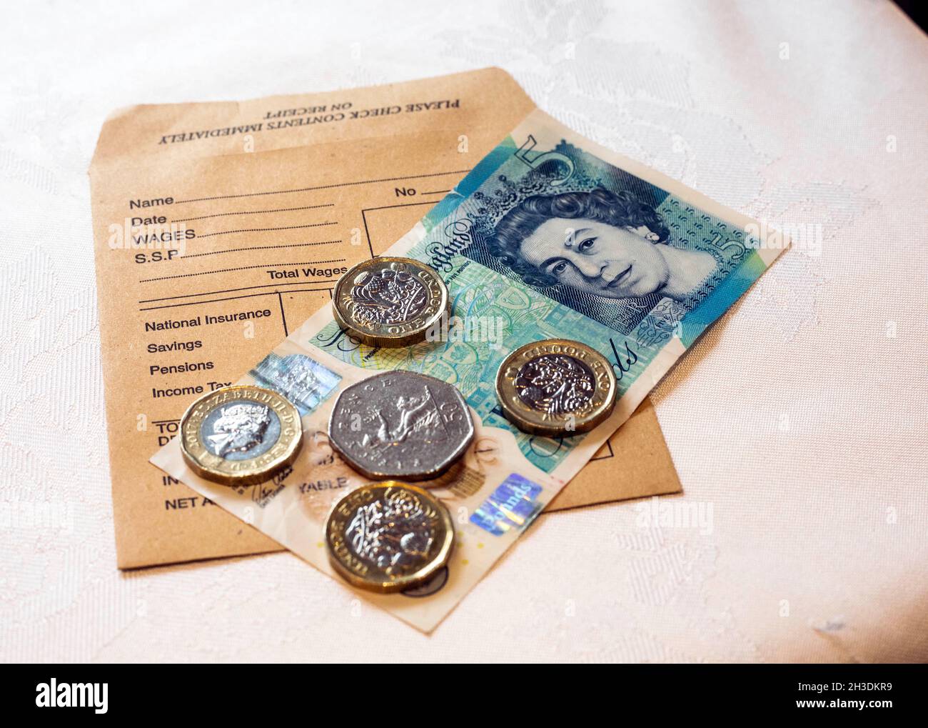 Pic shows: Budget 2021 Wage packet with nine pounds fifty pence on ti ...