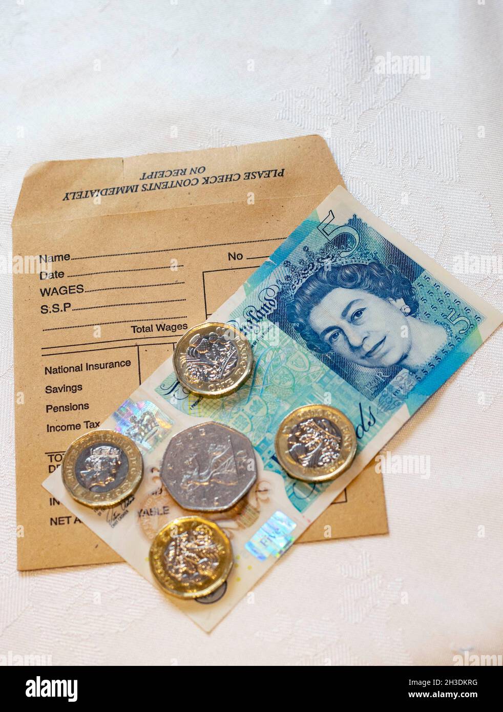 Pic shows: Budget 2021 Wage packet with nine pounds fifty pence on ti ...