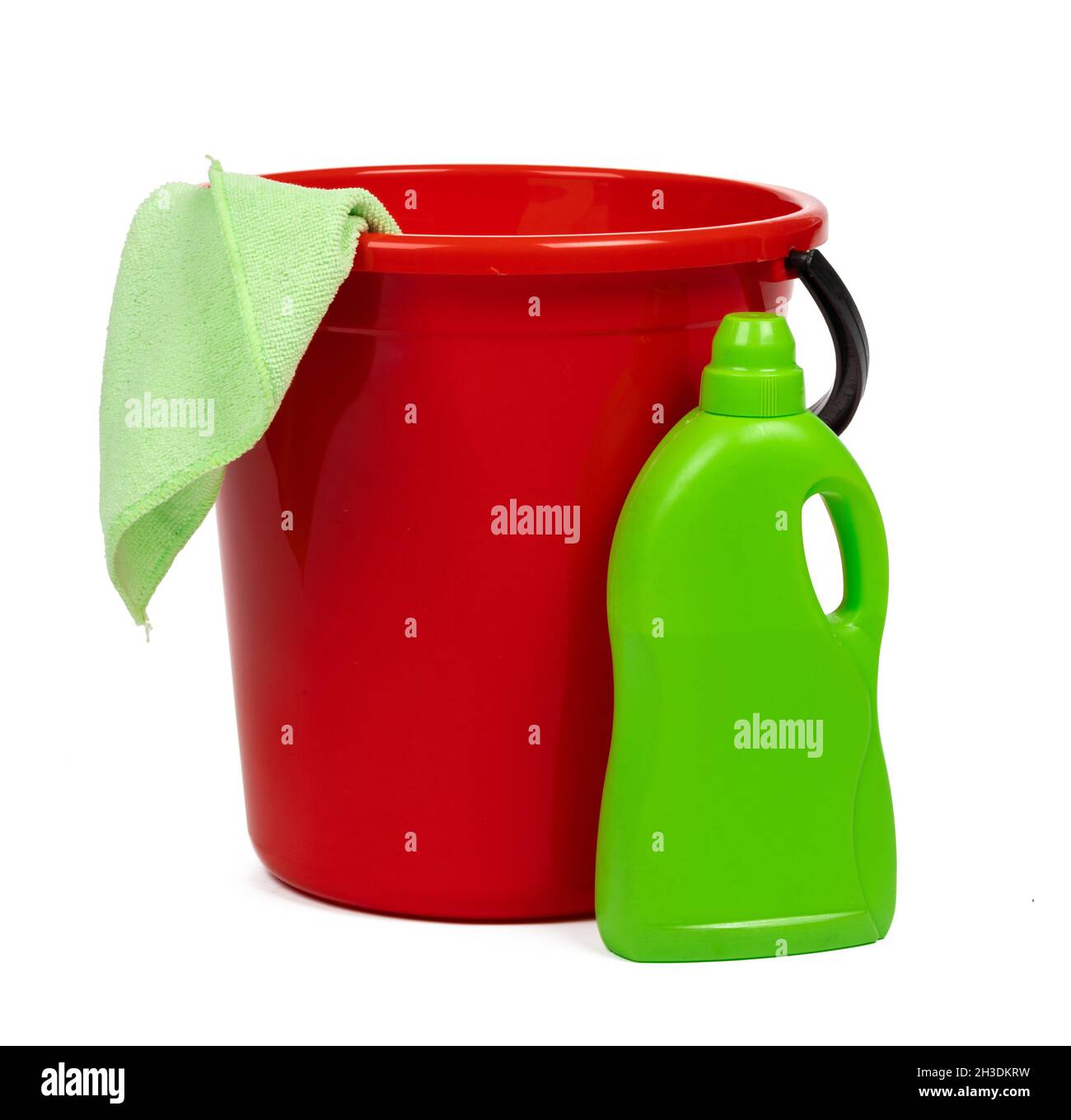 Cleaning tools and a red bucket isolated on white background Stock ...