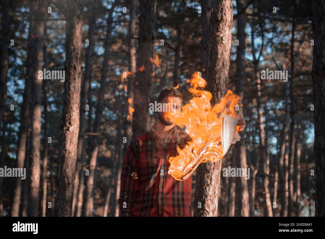 guy in the woods, camping, guy with fire Stock Photo - Alamy