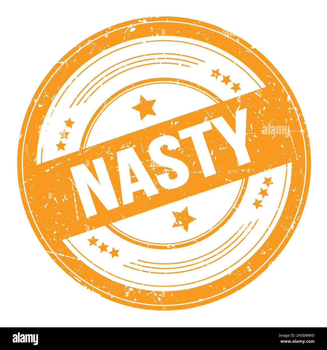 NASTY text on orange round grungy texture stamp Stock Photo - Alamy