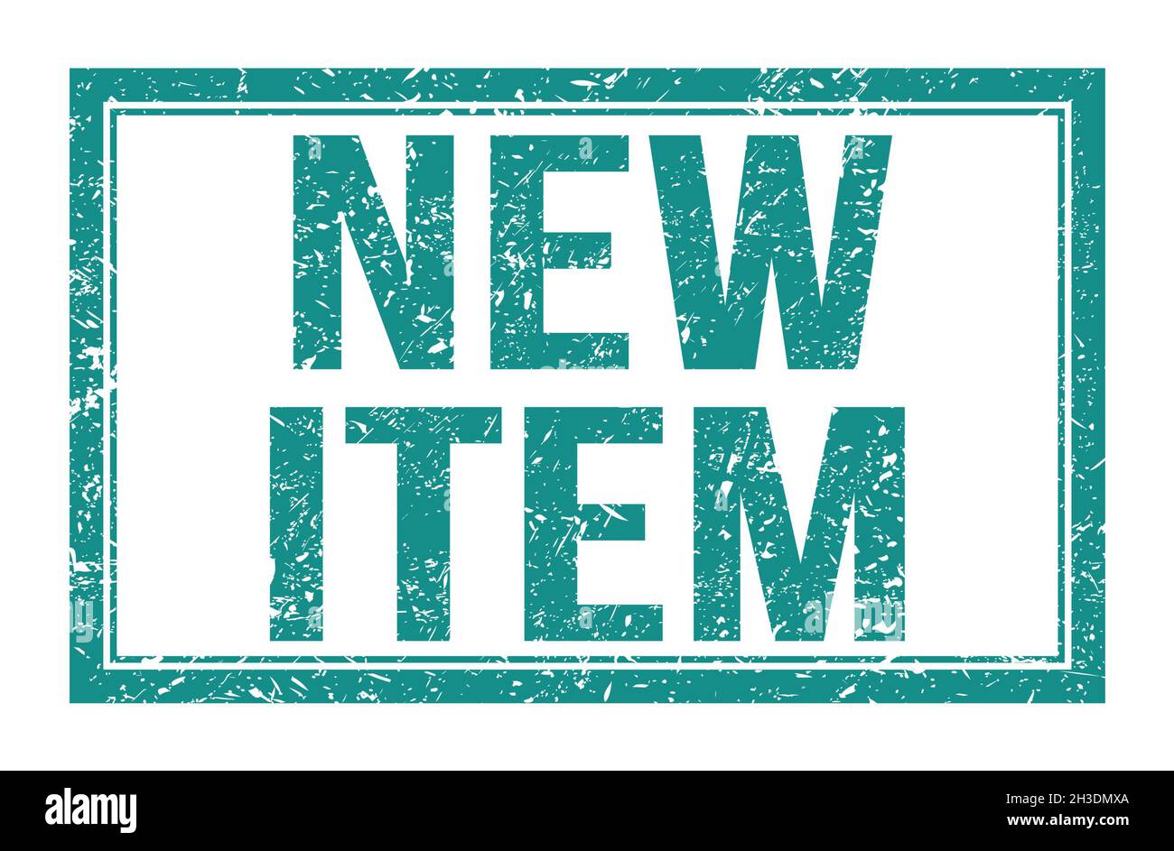 NEW ITEM, words written on blue rectangle stamp sign Stock Photo - Alamy