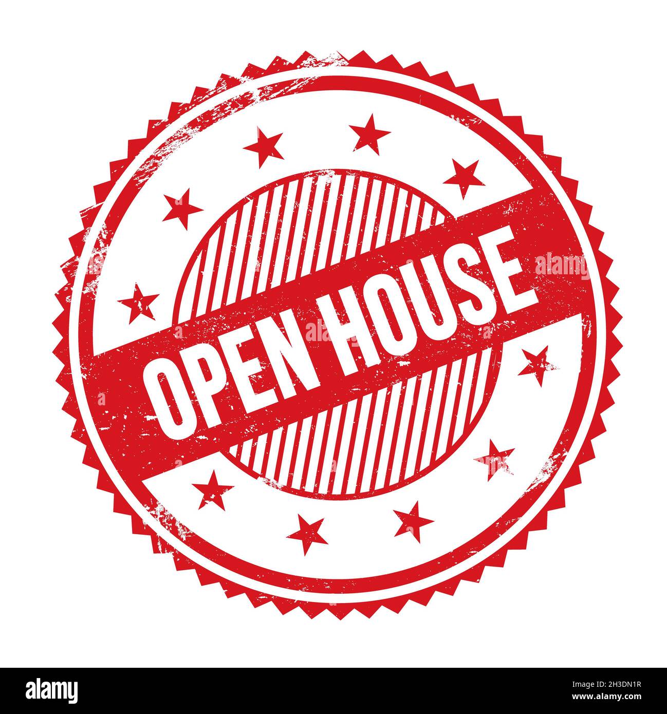 OPEN HOUSE text written on red grungy zig zag borders round stamp Stock ...