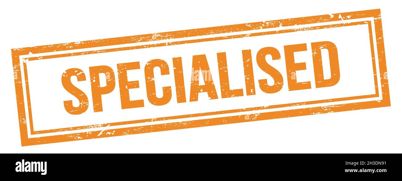 SPECIALISED text on orange grungy vintage rectangle stamp Stock Photo ...