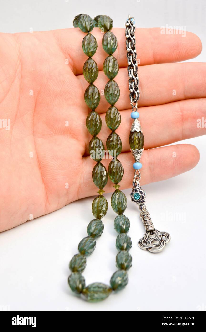 On hand green and silver beads sequenced, short rosary, tespih tesbih ...
