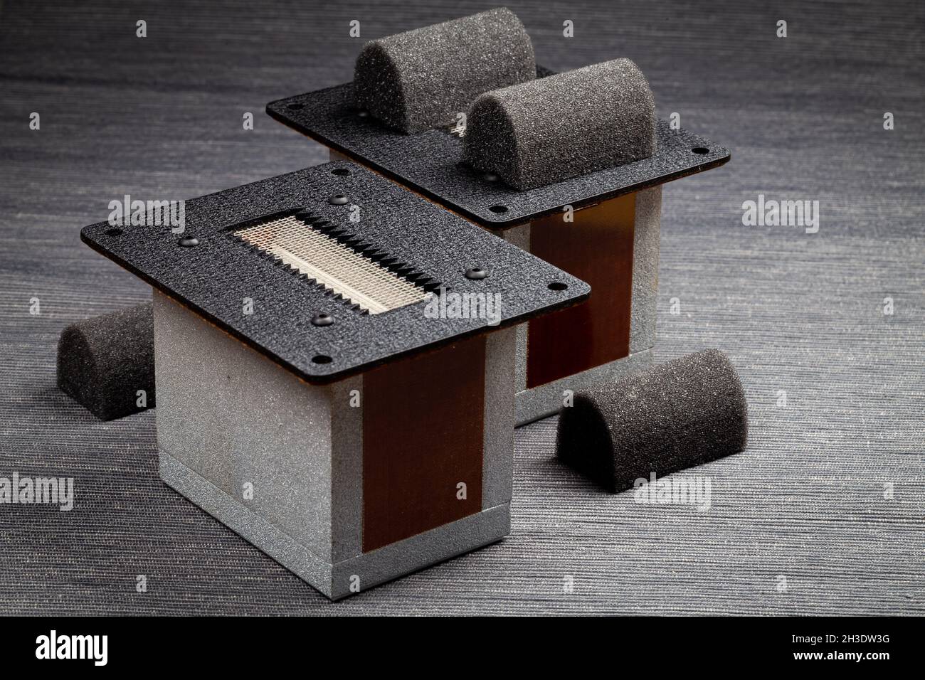 Flat foil ribbon tweeters presented against a gray background. Photo ...