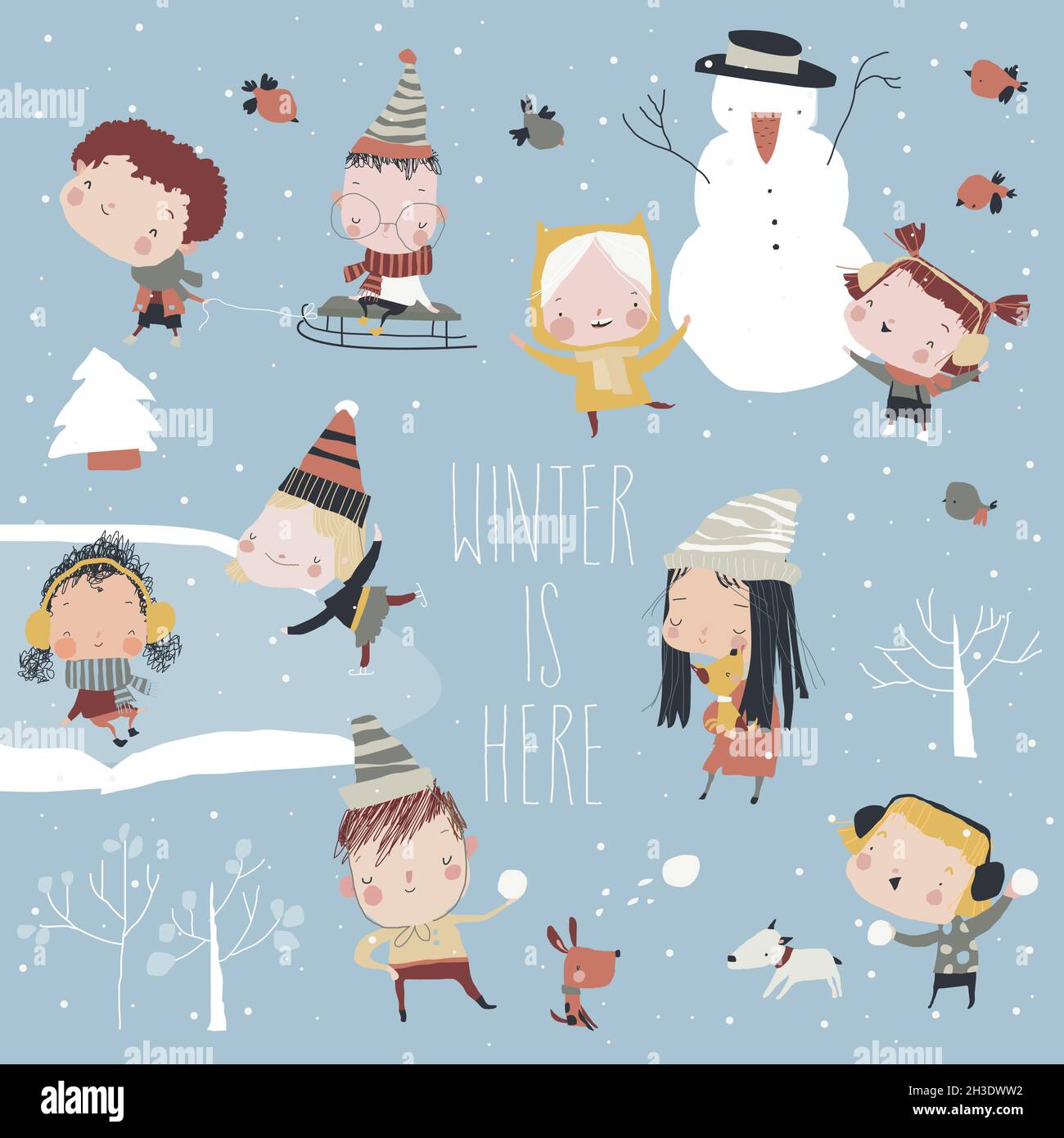 Cute boy playing sled Stock Vector Images - Alamy