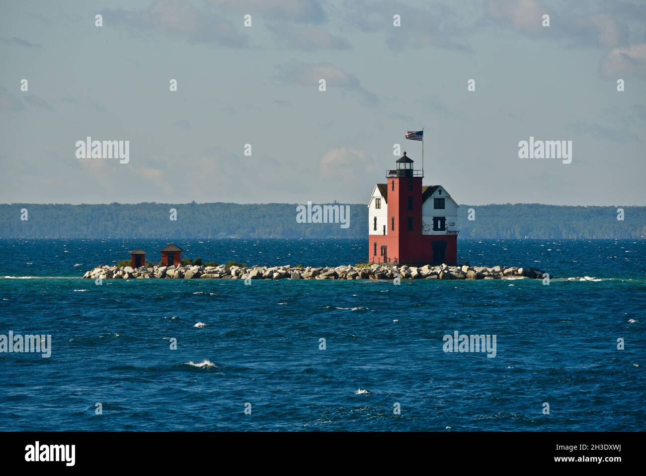 Round Island Lighthouse across the strait from Mackinac Island, warning ...