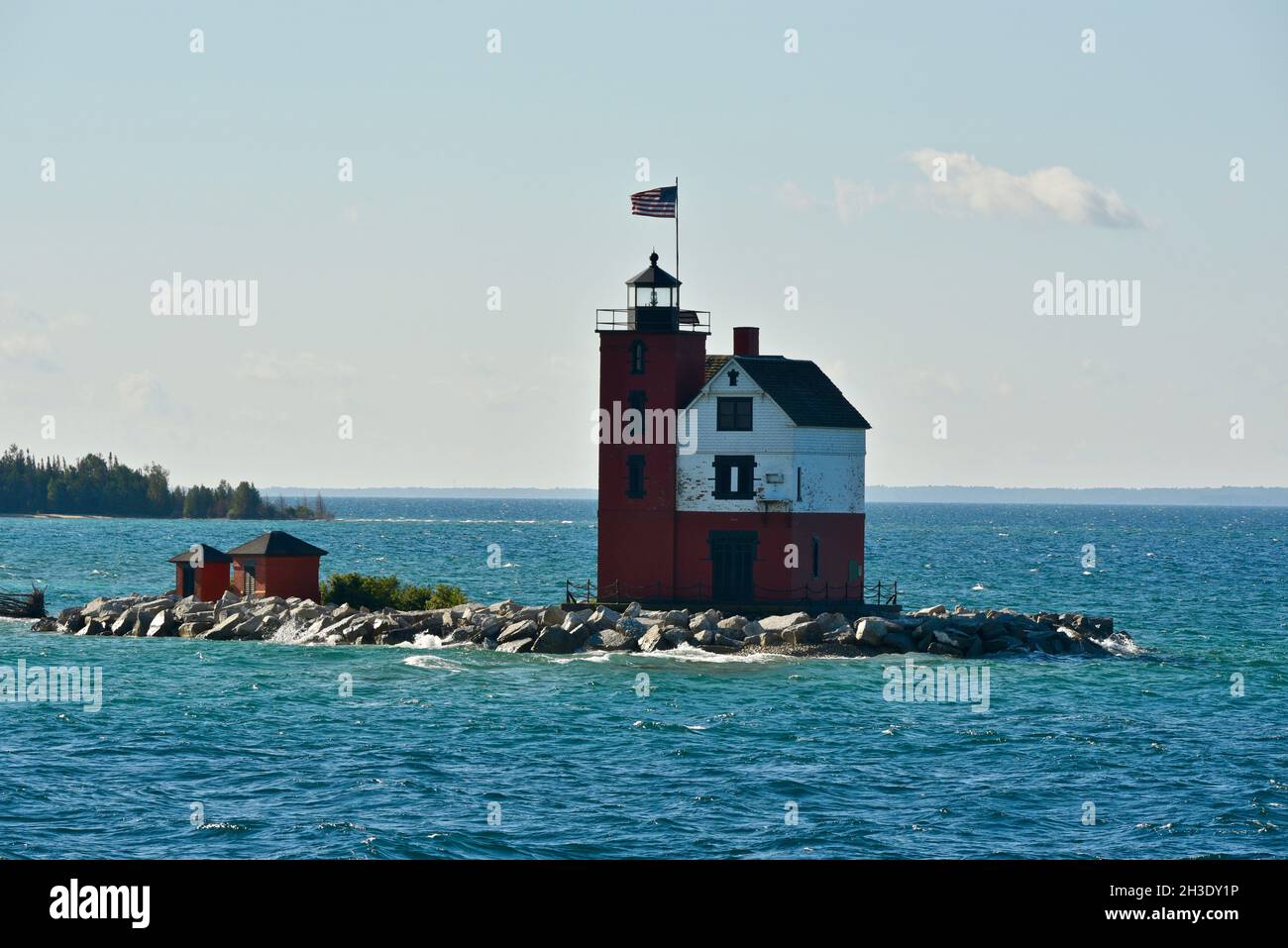Round Island Lighthouse across the strait from Mackinac Island, warning ...