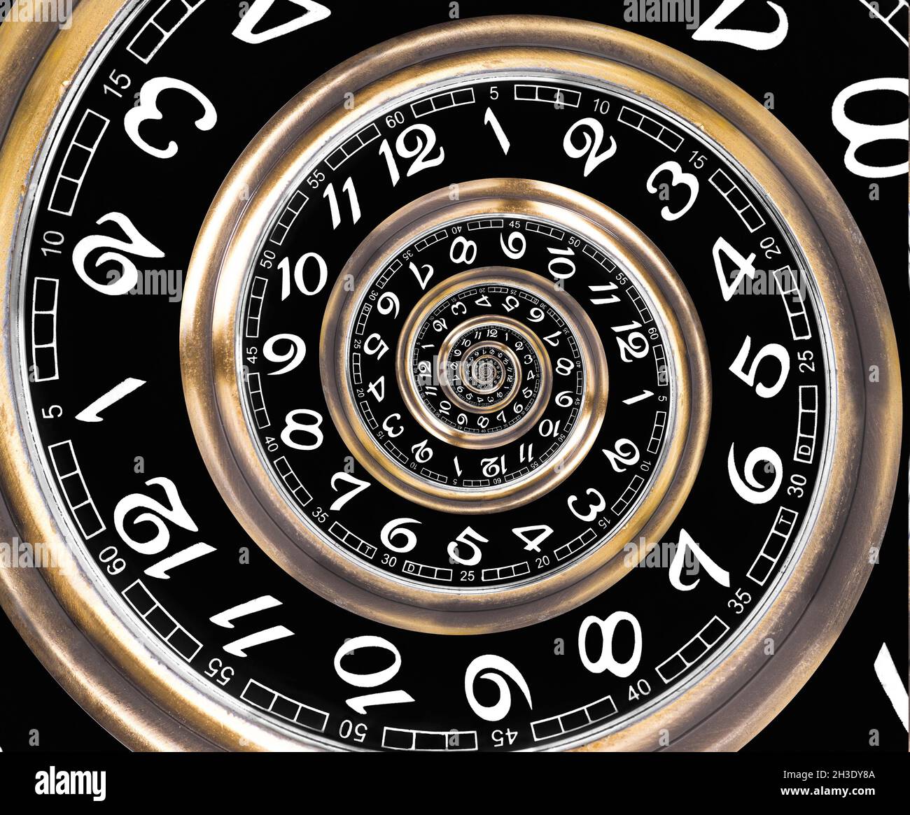 Twisted black watch face of an antique bronze watch representing a time ...