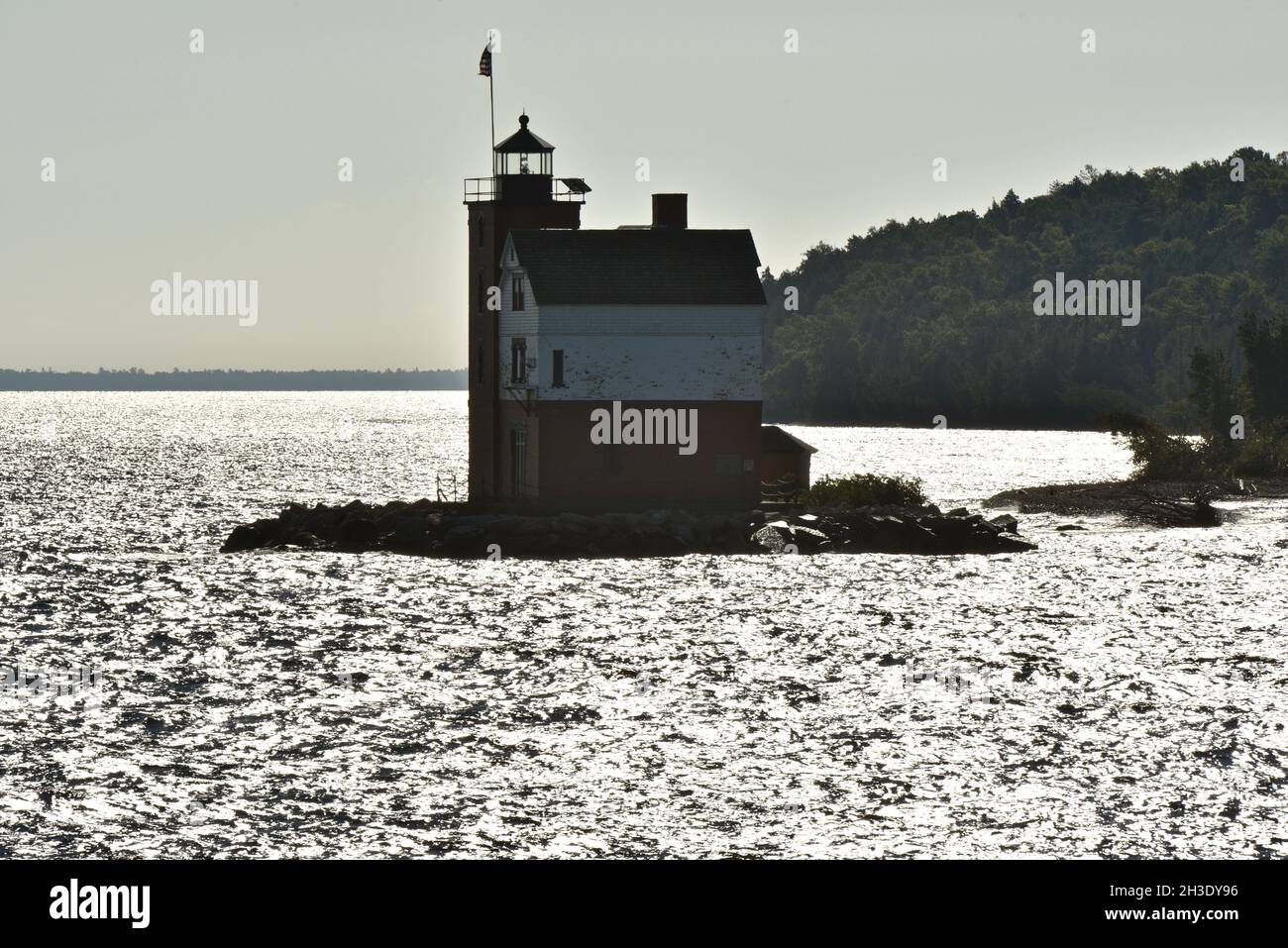 Round Island Lighthouse across the strait from Mackinac Island, warning ...