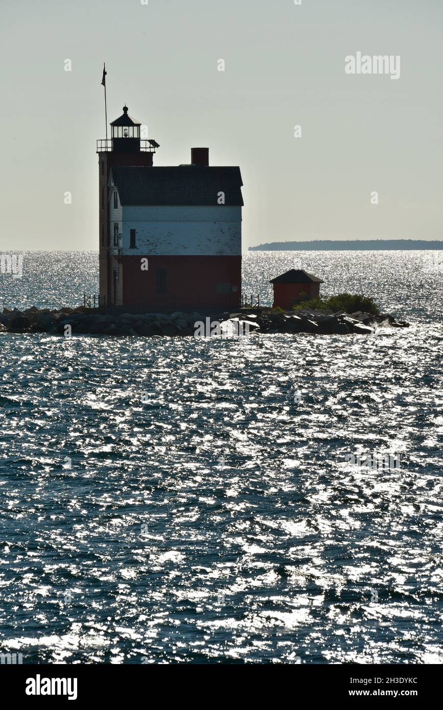 Round Island Lighthouse across the strait from Mackinac Island, warning ...