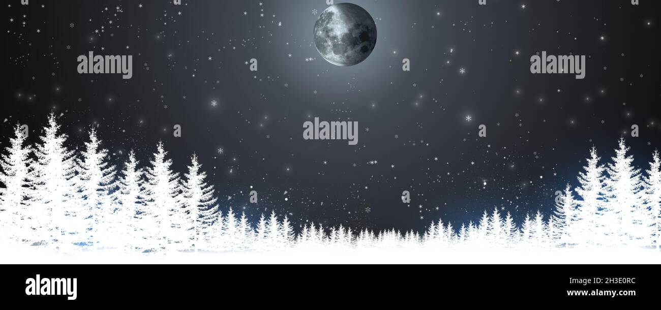 winter magic forest background with snow trees and moon Stock Photo - Alamy