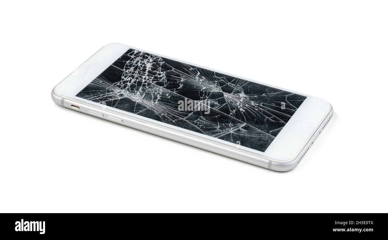Smartphone with a damaged screen isolated on white background Stock ...