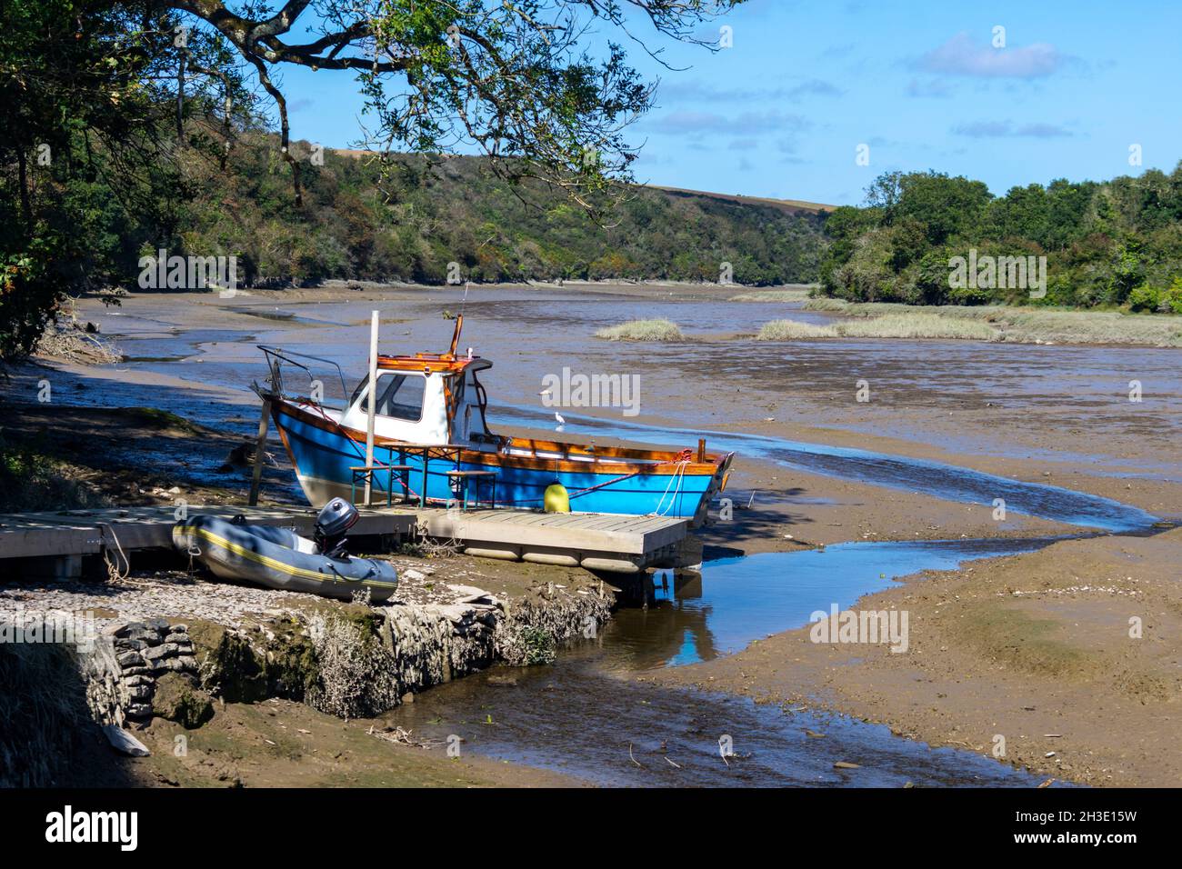 A small fishing boat moored on the river Camel while the tide is out ...