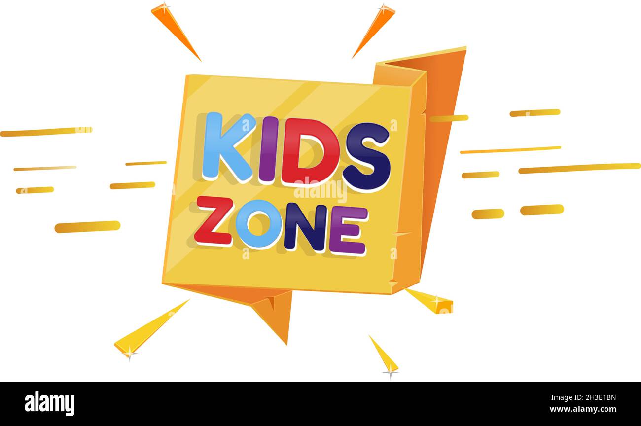 Kids zone label. Cartoon playroom logo. Yellow speech bubble Stock ...