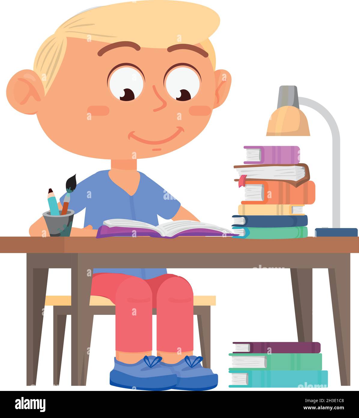 Boy studying. Kid sitting at desk. Homework concept Stock Vector Image ...
