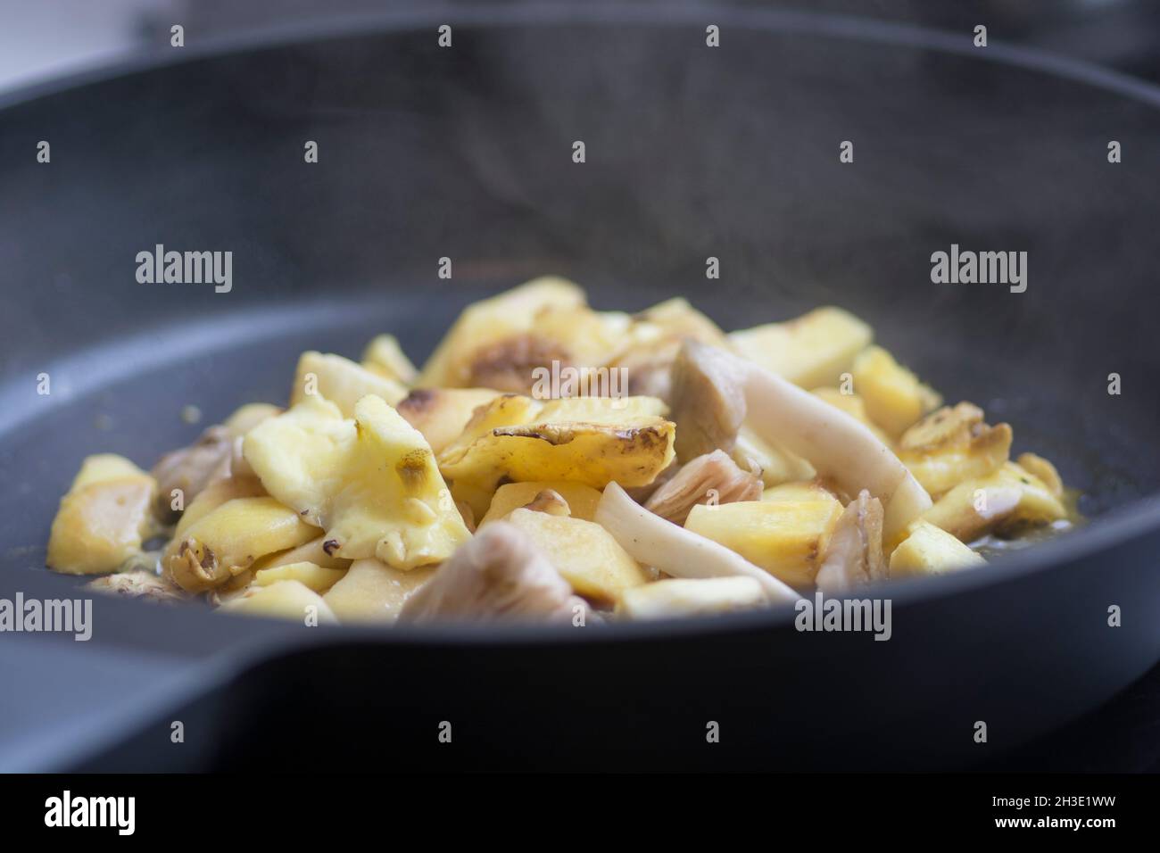 Sauteed slices of fresh "Weeping Bolete" (Suillus collinitus) mushrooms ...