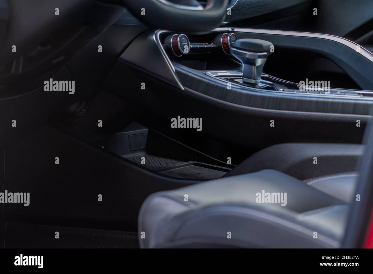 Car interior console close up view. Gear stick with multimedia console ...