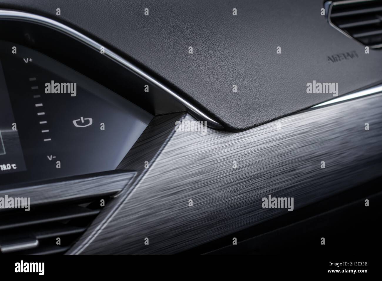 Modern car interior close up view with metallic and plastic details ...
