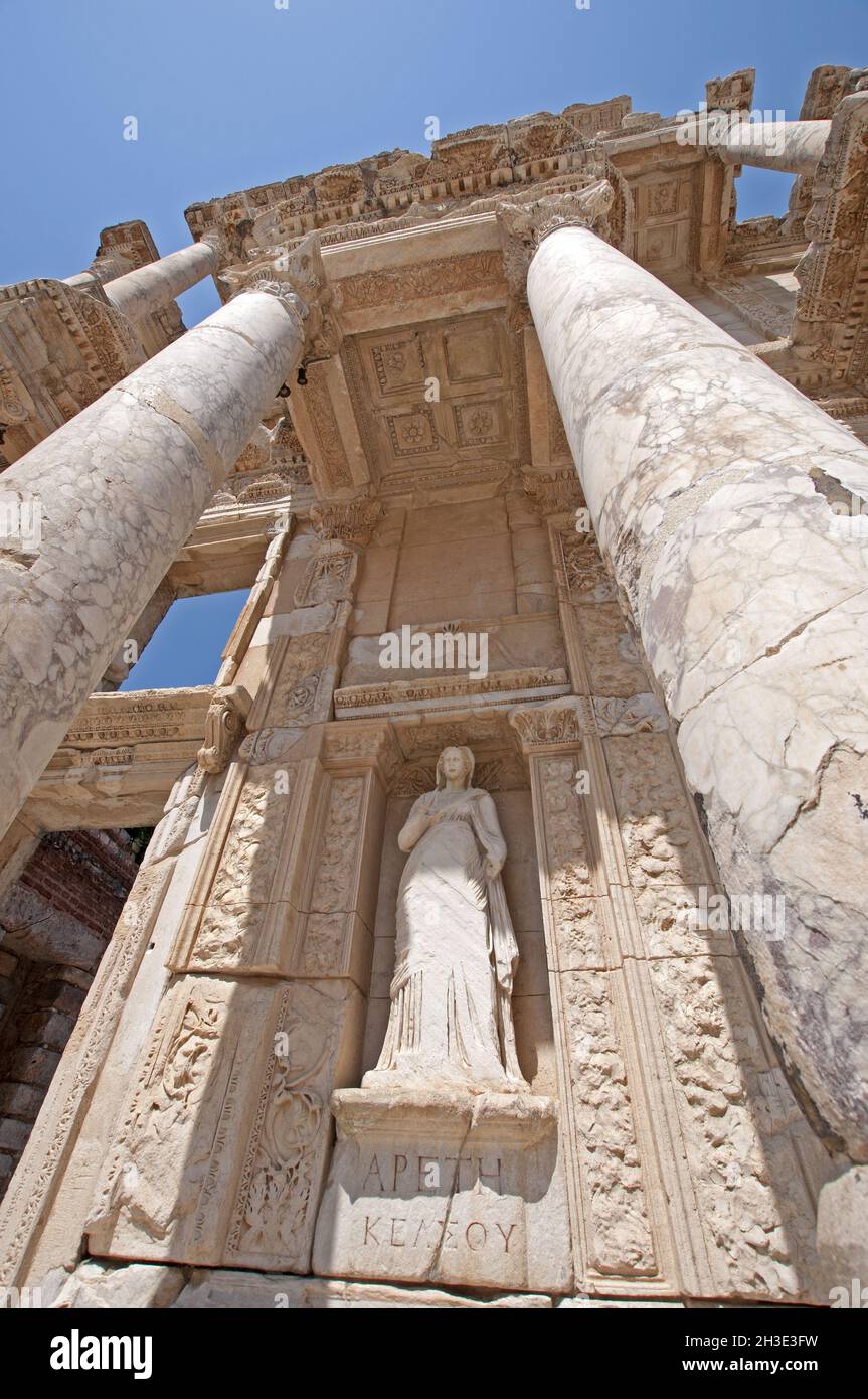Low angle of a sunny statue in Library of Celsus in Ephesus, Turkey ...